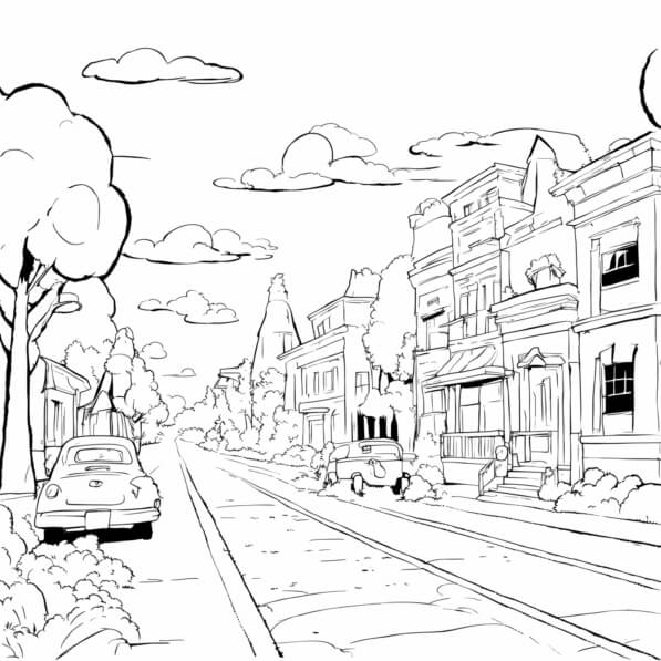 Download Urban Street Scene Coloring pages Online - Creative Fabrica