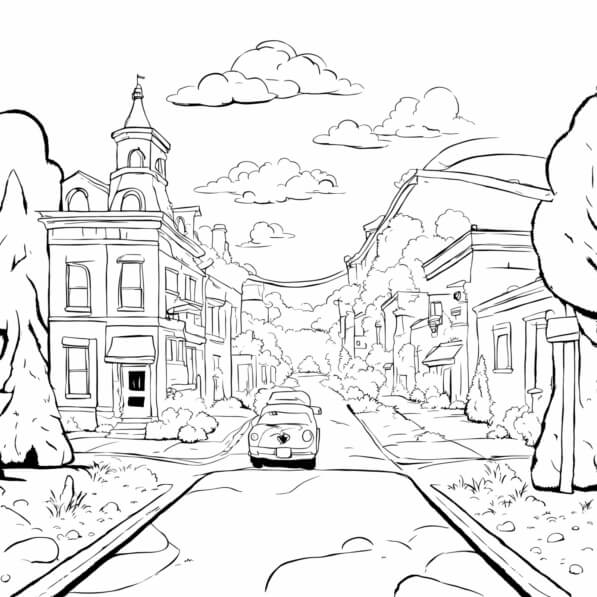 Scarica Disegno di una strada urbana in bianco e nero con veicoli e ...