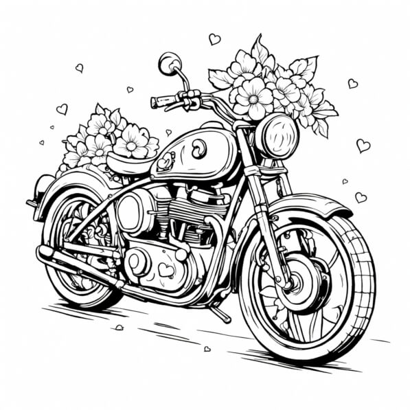 Download Old-Style Motorcycle Drawing with Red Roses Coloring pages ...