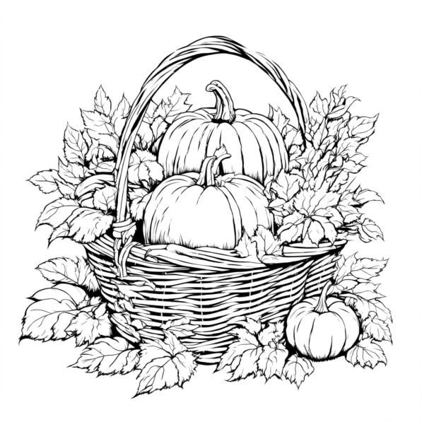 Download Basket with Pumpkins and Leaves Coloring pages Online ...