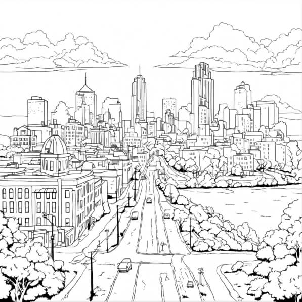 Download Cityscape Coloring Page with Trees and Buildings Coloring ...