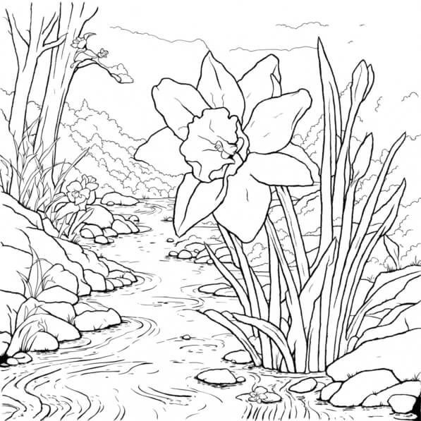 Download Coloring Page: Stream and Flowers in the Forest Coloring pages ...