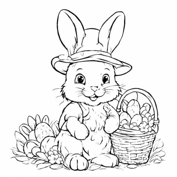 Download Easter Bunny Coloring Page with Basket of Eggs and Hat ...