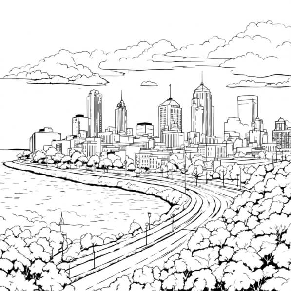 Download Cityscape Coloring Page with Trees, Water, and Buildings ...