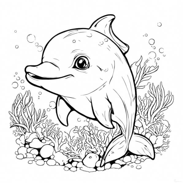 Download Dolphin Swimming in the Ocean with Rocks and Corals Coloring ...