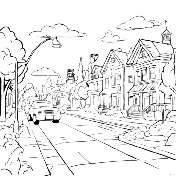 Baixe Desenho de Rua Urbana com Casas, Árvores, Carro e Postes de Luz ...