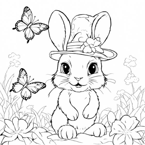 Download Easter Bunny Rabbit with Hat and Butterflies in Grass Coloring ...
