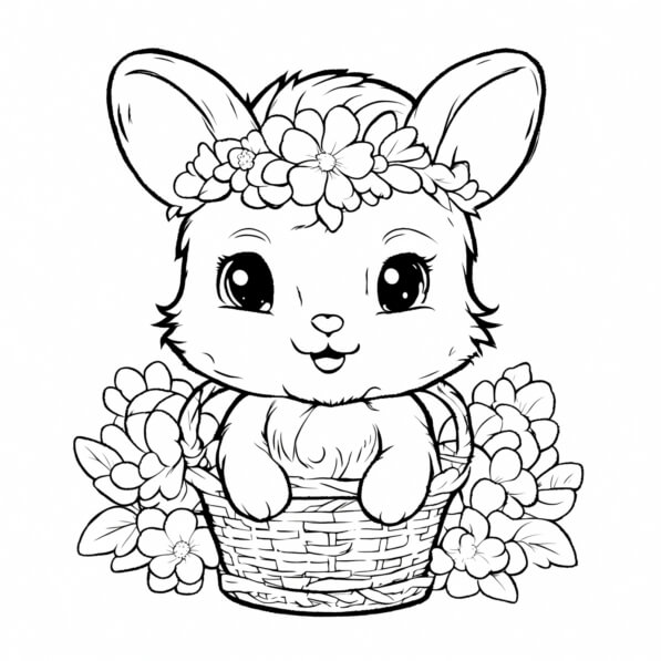 Download Cute Bunny in a Basket with Flowers Coloring Page Coloring ...