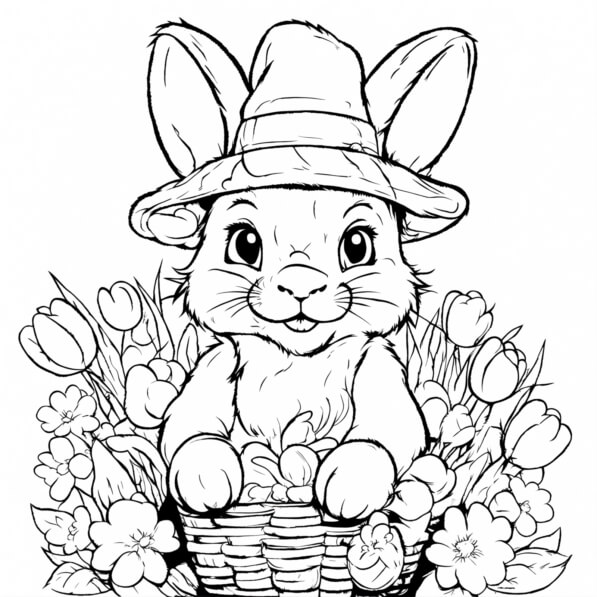 Download Easter Bunny in Basket with Flowers and Tulips Coloring pages ...
