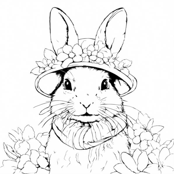 Descarga Página para Colorear de Conejo con Sombrero y Flores Páginas ...