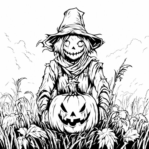 Download Halloween Scarecrow Coloring Page with Pumpkins Coloring pages ...