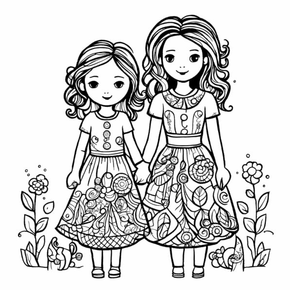 Download Coloring Page: Two Girls Holding Hands in Grass with Flowers ...
