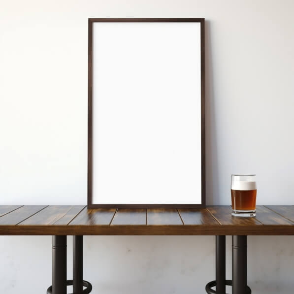 Download Modern Interieur met Houten Tafel, Glas Bier en Leeg Frame ...
