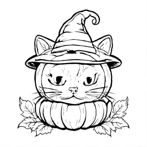 Download Cat in Witch Hat on Pumpkins - Halloween Coloring Page ...