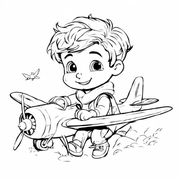 Download Young Boy on Airplane with Birds Coloring pages Online ...