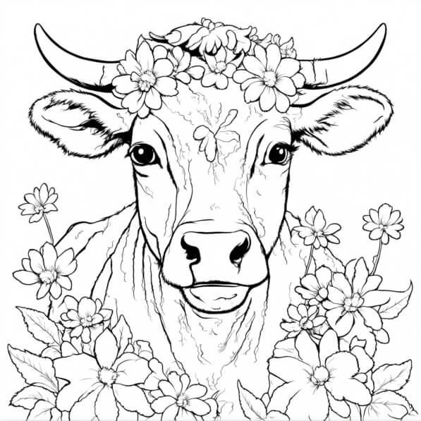 Download Cow with Flowers in Horns Coloring pages Online - Creative Fabrica