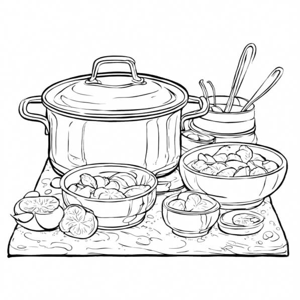 Download Cooking Pot and Utensils Coloring pages Online - Creative Fabrica