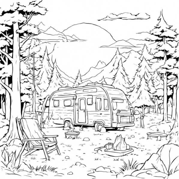 Download Forest Campsite with Camper Van Coloring pages Online ...