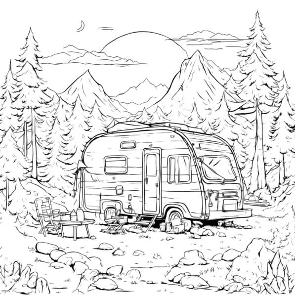 Download Camper Van in Forest with Colorful Campsite Coloring pages ...
