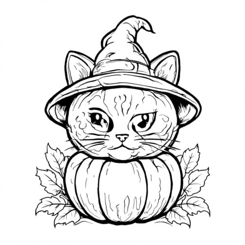 Download Cat in Witch Hat on Pumpkins - Halloween Coloring Page ...