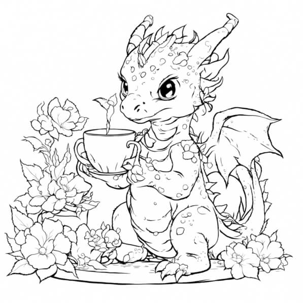 Download Coloring Page: Cute Dragon Drinking Tea with Flowers Coloring ...