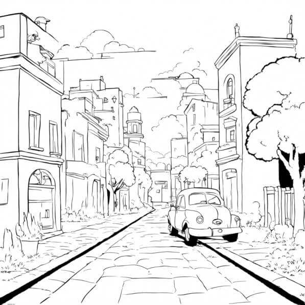 Scarica Disegno in Bianco e Nero di un'Auto d'Epoca su una Strada ...