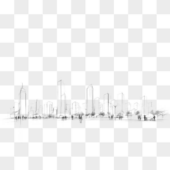Download City Skyline Drawing with People Walking Sketches Online ...