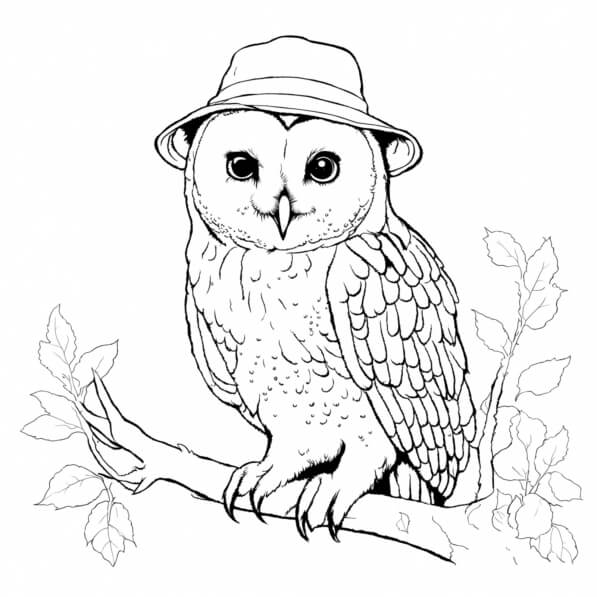 Download Owl with Hat on Branch Coloring pages Online - Creative Fabrica