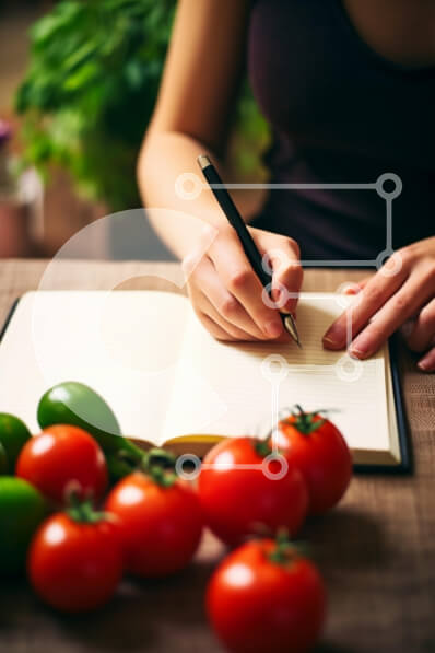 Creative Woman Writing with Tomatoes and Vegetables stock photo ...
