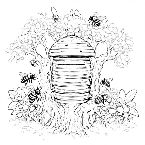 Download Educational Image: Beehive in a Tree with Honeybees Coloring ...