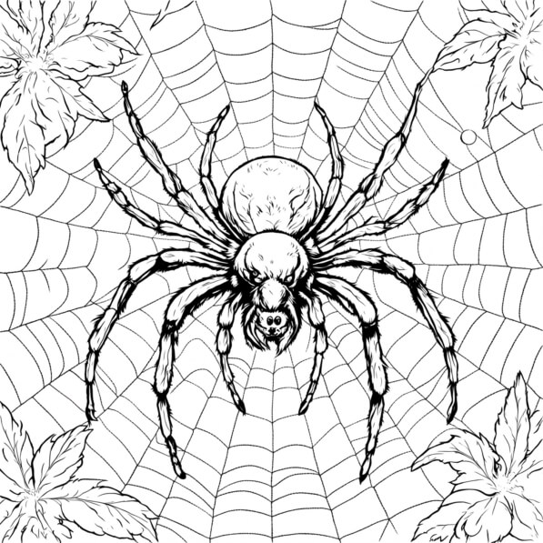 Download Spider on Web with Leaves for Halloween Coloring Coloring ...
