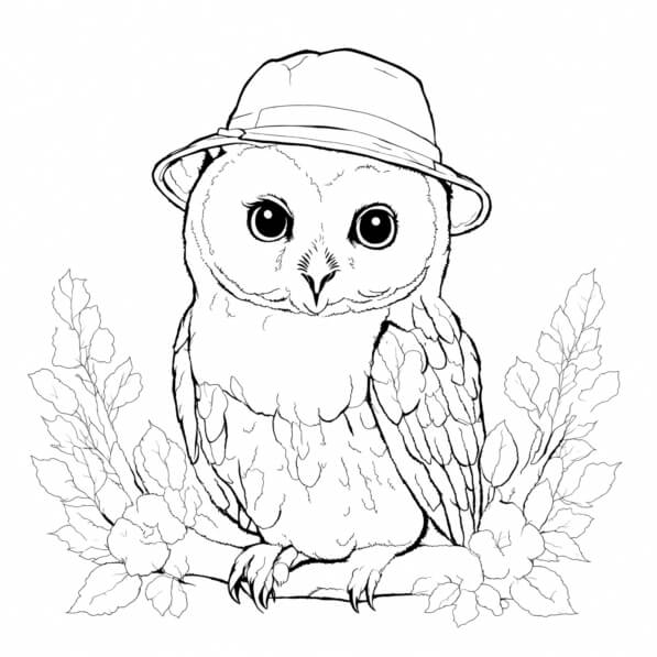 Download Owl Wearing Hat on Branch with Leaves Coloring pages Online ...