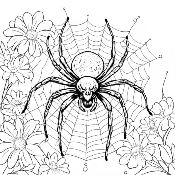 Download Spider Web Coloring Page with Flowers Coloring pages Online ...