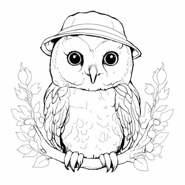 Download Owl in Hat on Oak Tree Branch Coloring pages Online - Creative ...