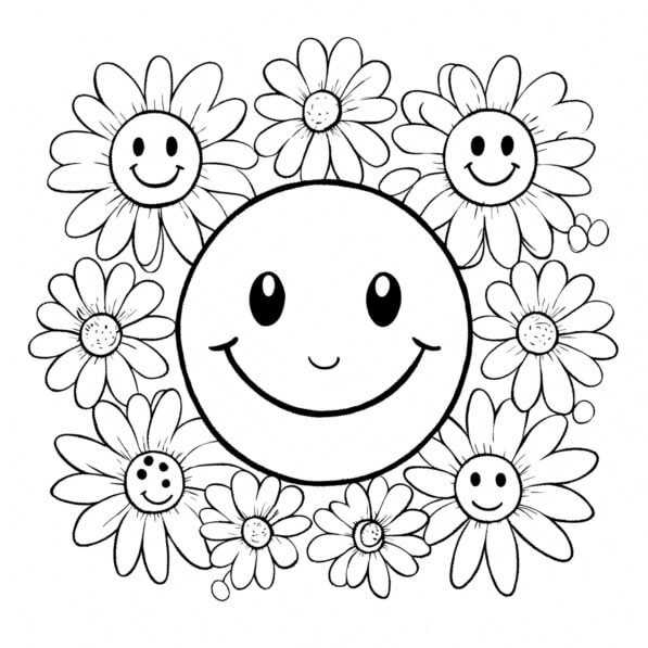 Download Smiley Face Coloring Page with Daisies Coloring pages Online ...