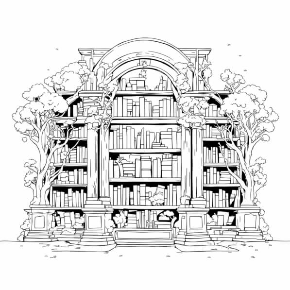 Download Ornate Library Drawing with Bookshelves and Trees Coloring ...