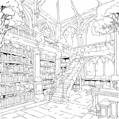Download Ornate Library Drawing with Bookshelves and Trees Coloring ...