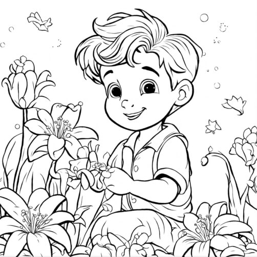 Download Young Boy Playing with Flowers in Garden Coloring pages Online ...