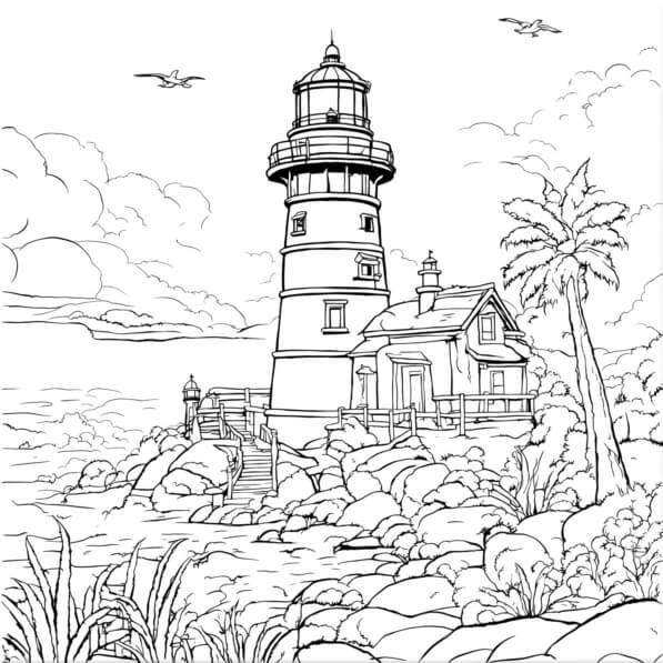 Download Lighthouse on the Shore Coloring pages Online - Creative Fabrica