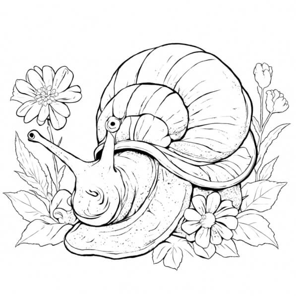 Download Snail in Nature surrounded by Flowers and Leaves Coloring ...