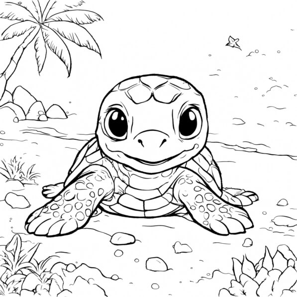 Download Baby Turtle Coloring Page on Beach with Palm Trees Coloring ...