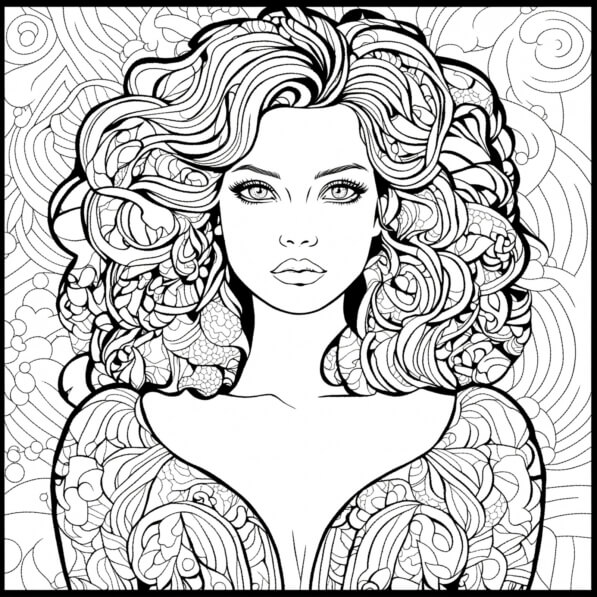Download Adult Coloring Page - Beautiful Woman with Curly Hair and ...