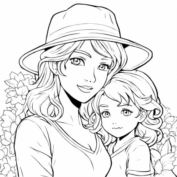 Download Mother and Daughter Coloring Page with Flowers and Nature ...