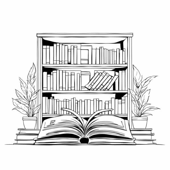 Scarica Disegno in Bianco e Nero di una Libreria con Libri e Piante ...