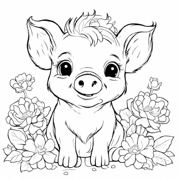 Descarga Cerdito lindo sentado en una página para colorear de flores ...