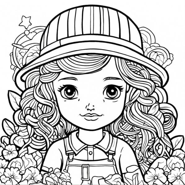Download Girl Coloring Page with Flowers in Hair and Overalls Coloring ...