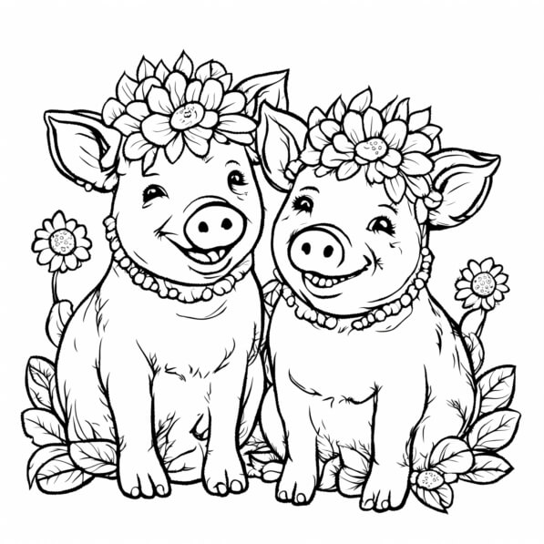 Download Two Pigs in Grass with Flowers Coloring pages Online ...