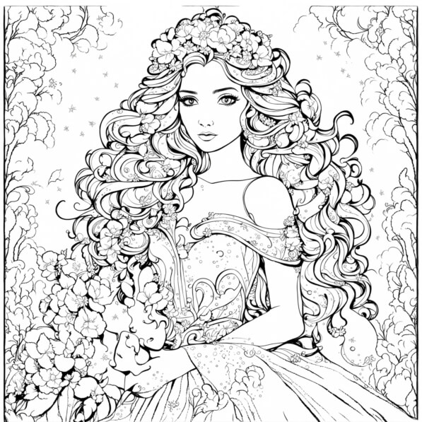 Download Coloring Page: Girl with Long Curly Hair Holding Flowers ...