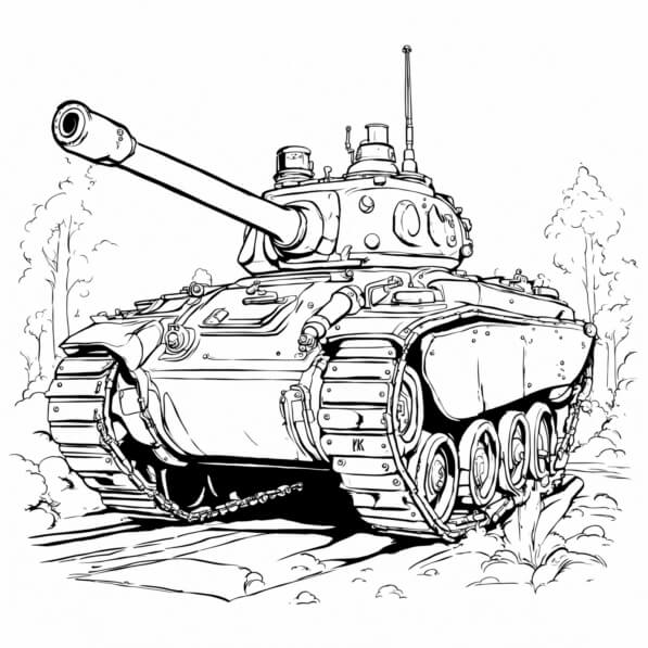 Download Zwart-witte leger tank in het bos kleurplaat Kleurplaten ...