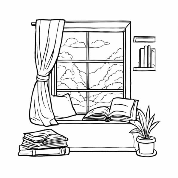 Download Black-and-White Drawing: Window Sill with Books and Plants ...